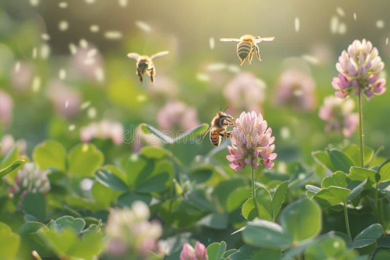 A Group of Bees Flying Around Blooming Clover Flowers in a Field, Bees ...