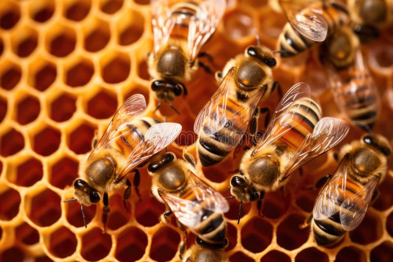 A Group of Bees Huddled Together in a Honeycomb Stock Photo - Image of ...