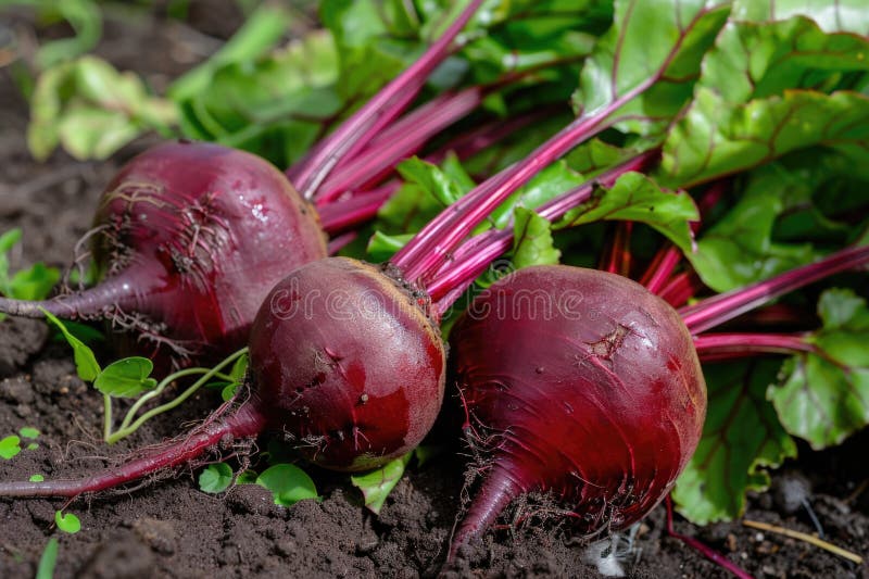 Group of Beets Resting Atop a Mound of Soil in a Garden Bed Stock Photo ...