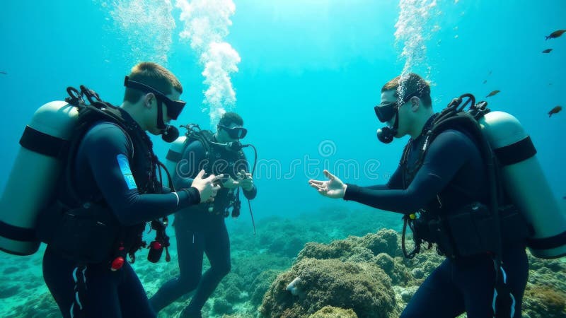 Group of Beginner Divers Trains Underwater with Instructor, Practicing ...