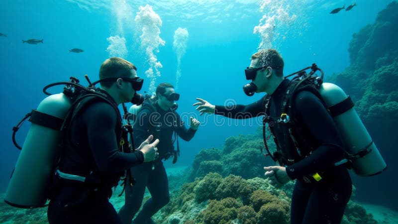 Group of Beginner Divers Trains Underwater with Instructor, Practicing ...