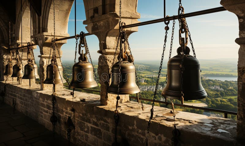 Group of Bells Hang from Side of Building Stock Image - Image of ...