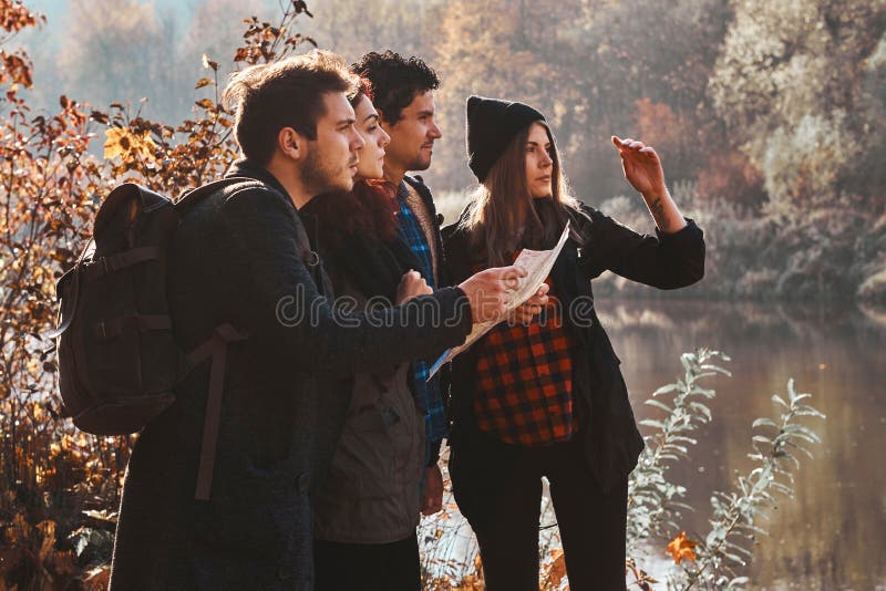 Group of Friends are Hiking at the Forest Stock Photo - Image of forest ...