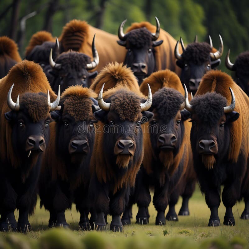 Group of Big Bison in a Meadow. Animal Portrait Stock Illustration ...