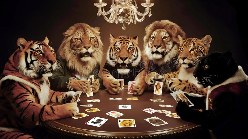 A Group of Big Cats Sitting Together Playing Cards Stock Illustration ...