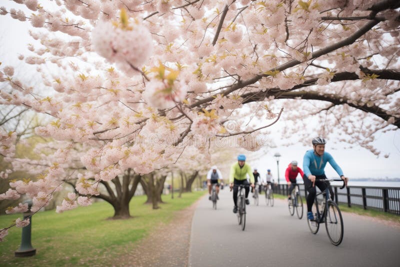 Group Bike Ride on a Path with Cherry Blossoms Stock Photo - Image of ...