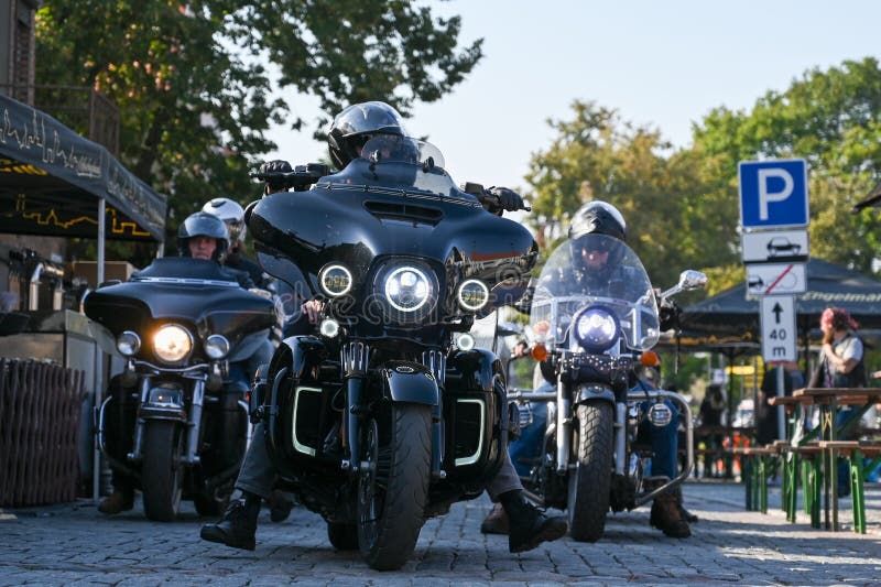 Group of Bikers Gathered in a Town Square on a Sunny Day Editorial ...