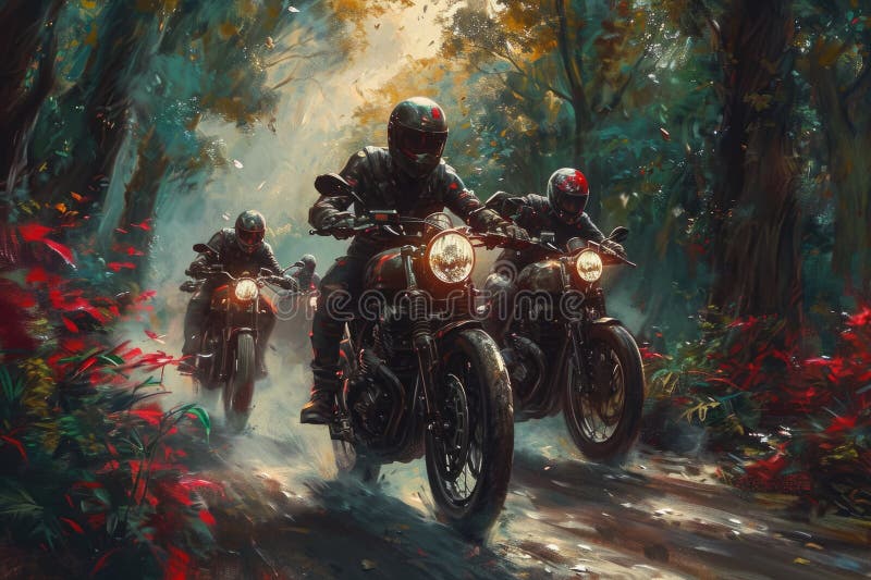 Group of Bikers Riding through a Forest. the Riders are Wearing Helmets ...