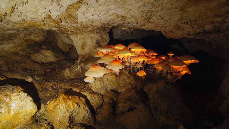 A Group of Bioluminescent Fungi Glow Brightly in a Dark Cave Stock ...