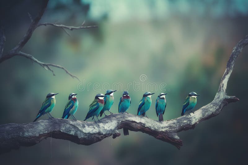 Group of Birds on a Branch, Cold Tone. Neural Network AI Generated ...