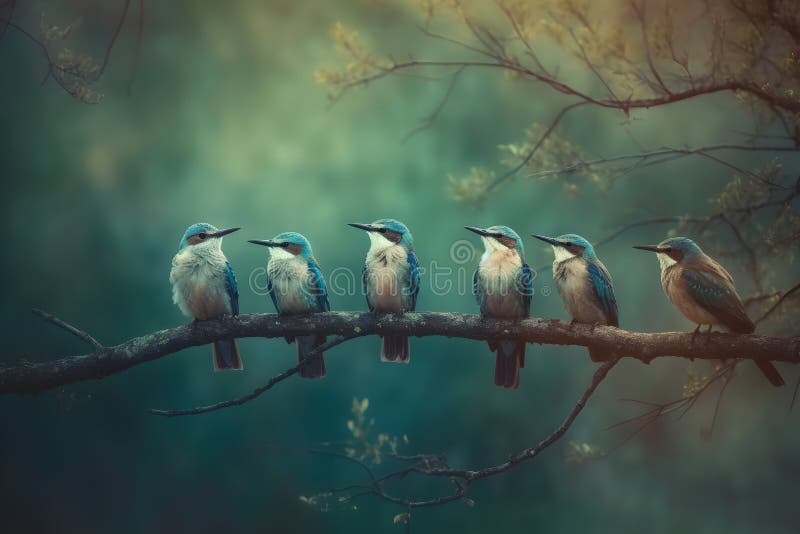 Group of Birds on a Branch, Cold Tone. Neural Network AI Generated ...