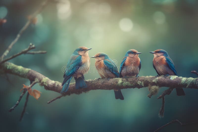 Group of Birds on a Branch, Cold Tone. Neural Network AI Generated ...