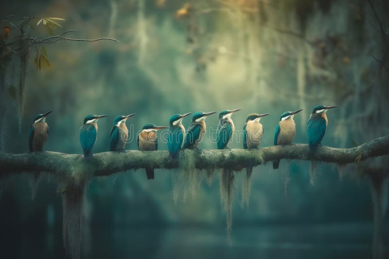 Group of Birds on a Branch, Cold Tone. Neural Network AI Generated ...