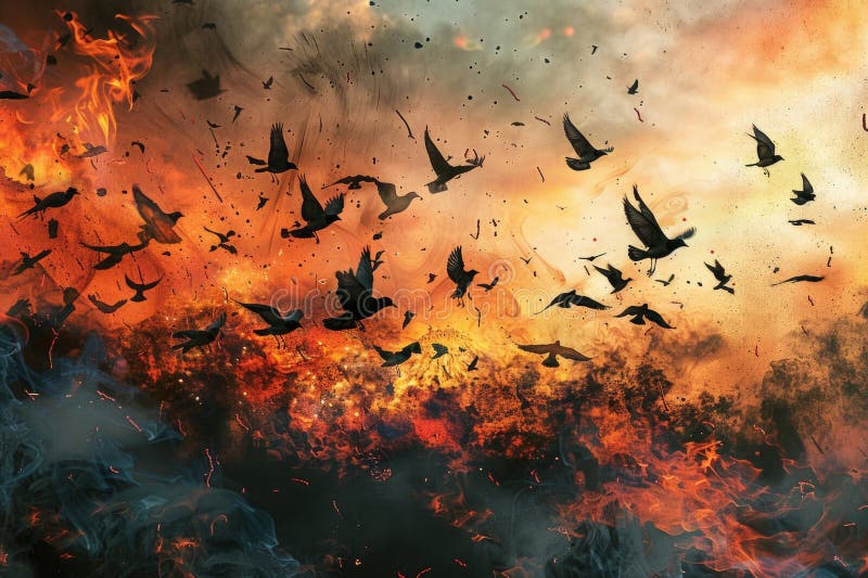 A Group of Birds Flying Close To a Burning Fire, with Flames and Smoke ...