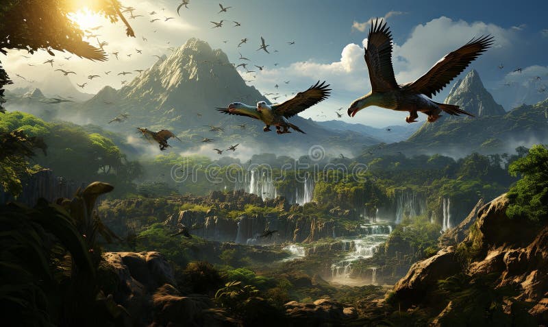 Group of Birds Flying Over Lush Green Forest Stock Photo - Image of ...