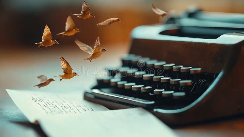 Flock of Birds Flying Over a Vintage Typewriter with a Written Page, AI ...