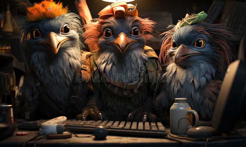 Group of Birds Perched on Computer Desk Stock Photo - Image of office ...