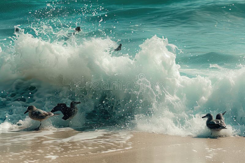 A Group of Birds Perched on the Crest of a Wave in the Ocean, Animals ...