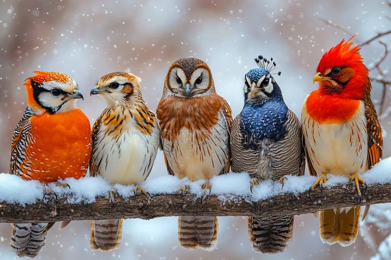 A Group of Birds Sitting on a Branch in the Snow Stock Image - Image of ...