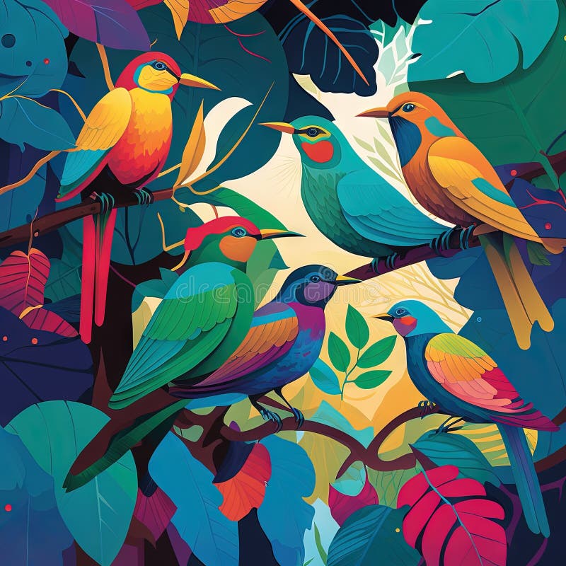 A Group of Birds Sitting on Top of a Tree Branch Stock Illustration ...