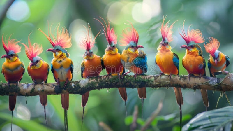 Group of Birds on Tree Branch Stock Photo - Image of parakeet, nature ...