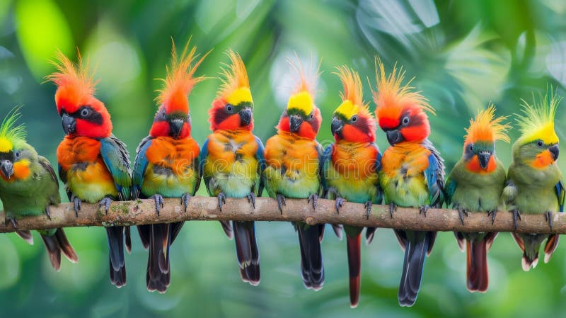 Group of Birds on Tree Branch Stock Image - Image of sitting, color ...
