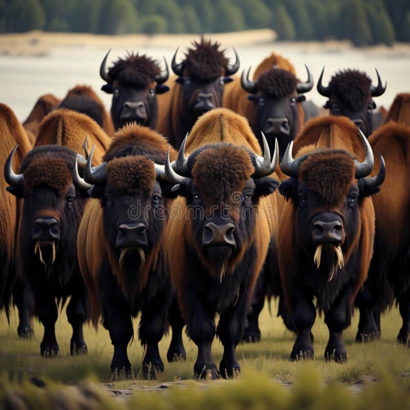 Group of Bison in the Meadow. Wild Animals in Nature Stock Illustration ...