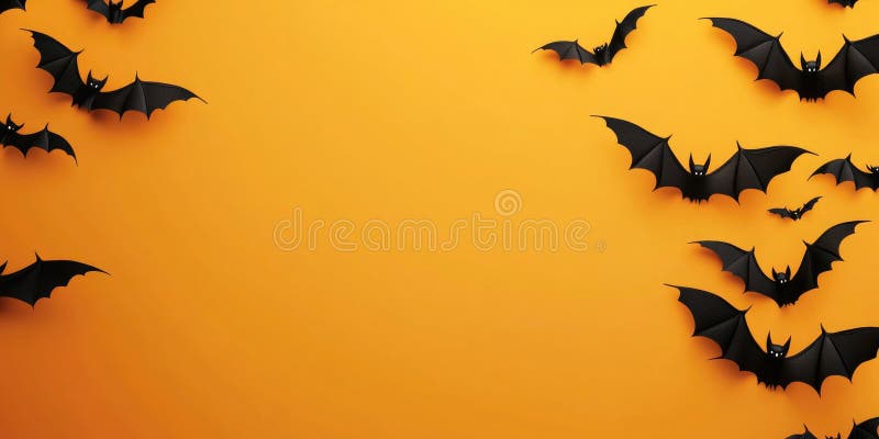 A Group of Black Bats Flying Together on a Vibrant Orange Background, a ...