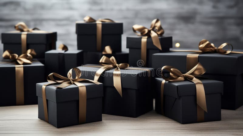 A Group of Black Boxes with Gold Ribbons Stock Image - Image of ...