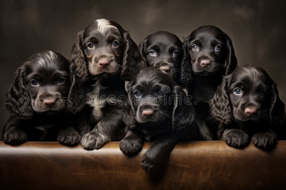A Group of Black Cocker Spaniel Puppies Sitting on a Leather Couch Stock Photo - Image of group ...