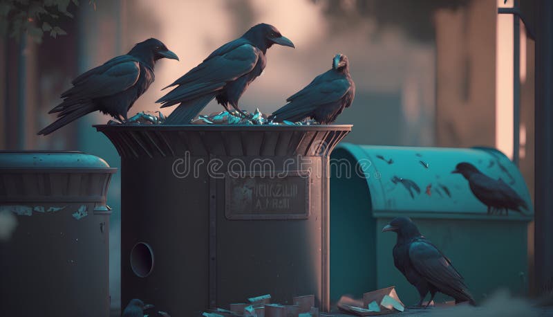 A Group of Black Ravens Sitting on a Garbage Can in the City. Stock ...