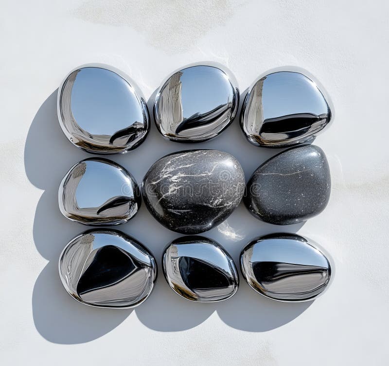 A Group of Black and Silver Pebbles Sitting on Top of a White Surface ...