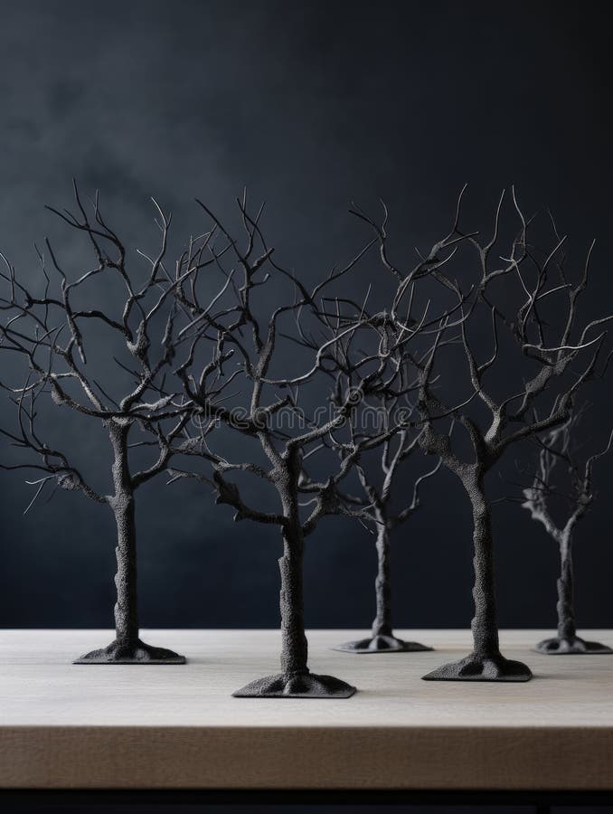 Group of Black Trees on a Table in Front of a Dark Background Stock ...