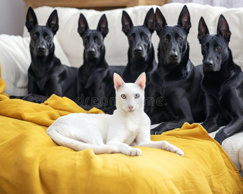 A White Cat and Group of Black Dogs. Generative AI Stock Illustration ...