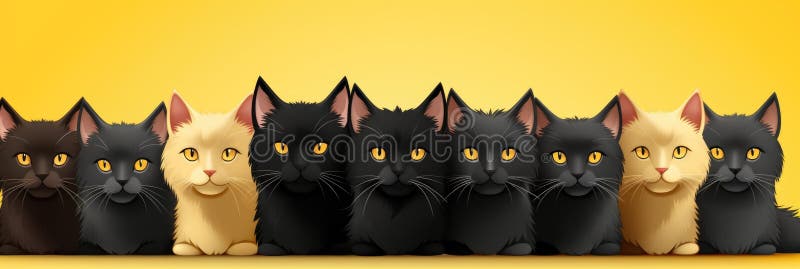 A Group of Black and Yellow Cats Sitting in a Row, AI Stock ...