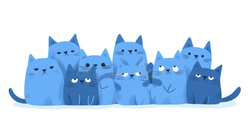 Group of Blue Cats with Various Expressions, Emphasizing the Concept of ...