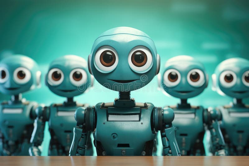 Group of Blue Robots Standing in Row. Perfect for Technology Stock ...