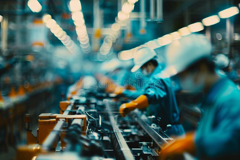 A Group of Blurred Workers Working Orderly on an Assembly Line Stock ...