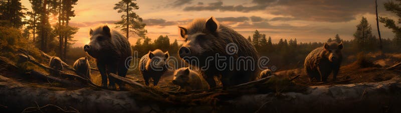 Boars Running in the Forest with Setting Sun. Stock Illustration ...