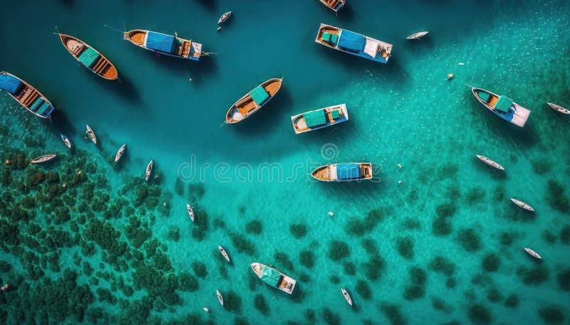 A Group of Boats Floating on Top of a Blue Ocean Stock Illustration ...