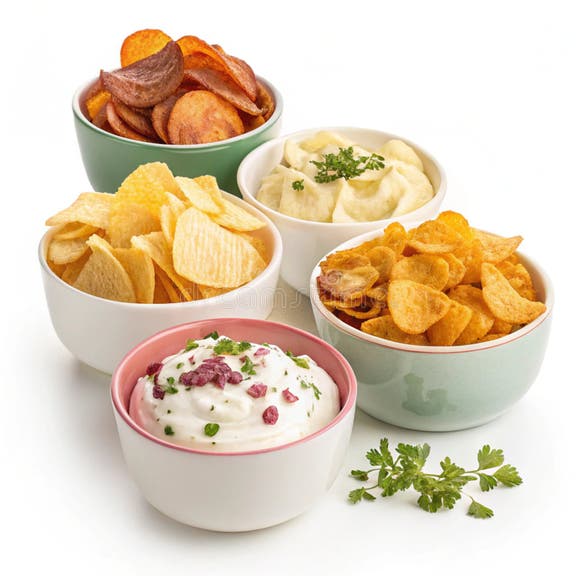 A Group of Bowls of Different Types of Chips Stock Illustration ...
