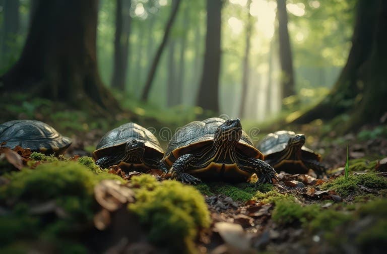 A Group of Box Turtles Crawling Over Moss-covered Forest Floor Under ...
