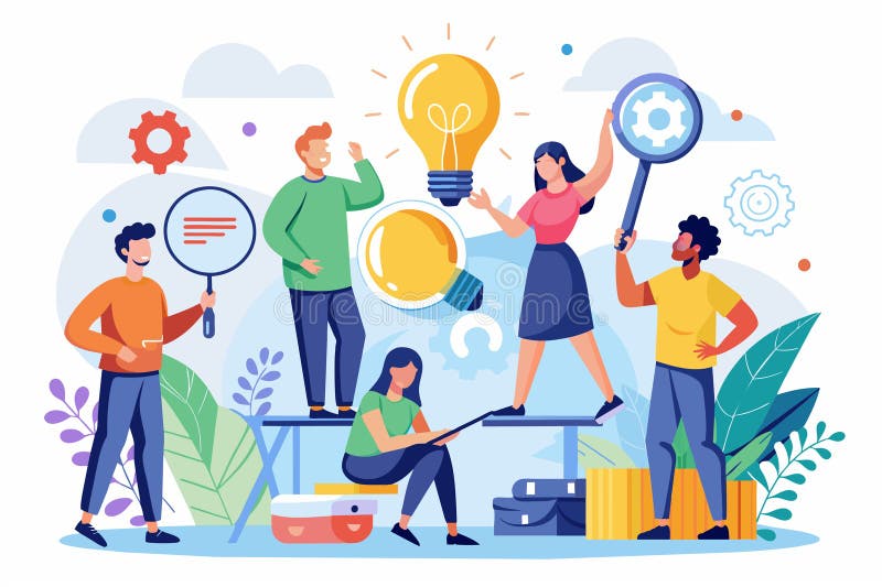 Group Brainstorming New Ideas and Solutions with Light Bulbs and Tools ...