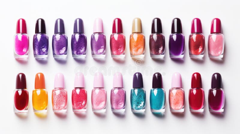 Group of Bright Nail Polishes Isolated on White. Bottles of Nail Polish ...