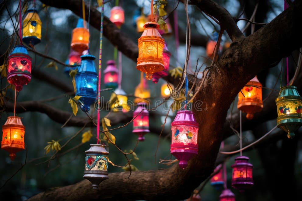 A Group of Brightly Colored Diwali Lanterns Hanging from a Tree Stock ...