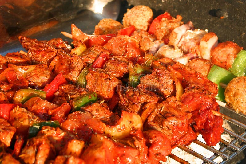 Group of Brochettes on a Barbecue Stock Image - Image of burning, green ...