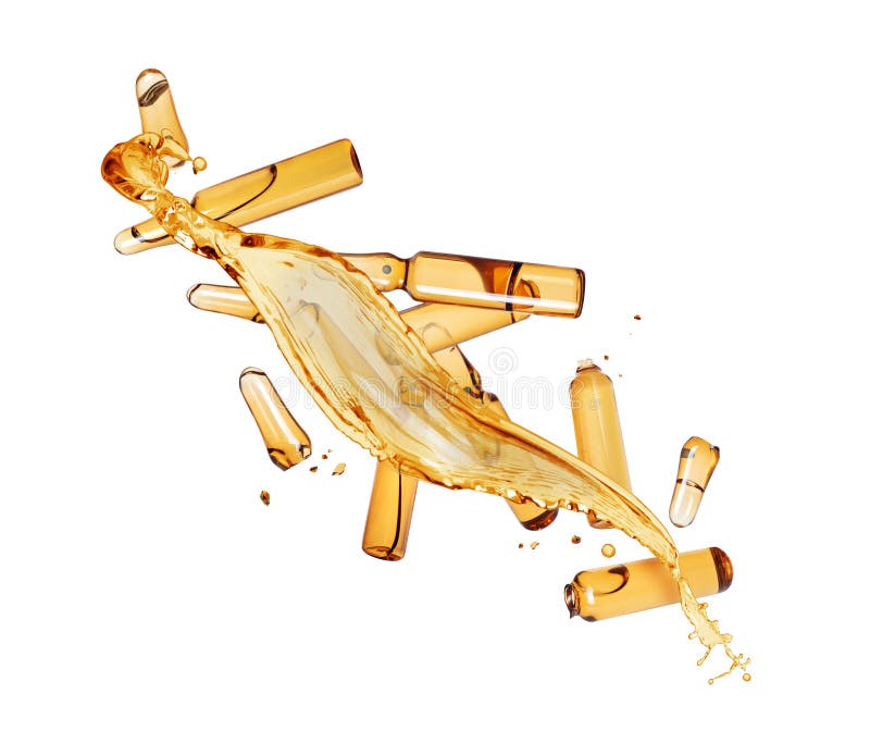 Broken Yellow Ampule with Splashes Close Up Isolated on a White ...