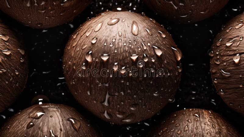 A Group of Brown Balls Covered in Water Droplets on a Black Surface ...