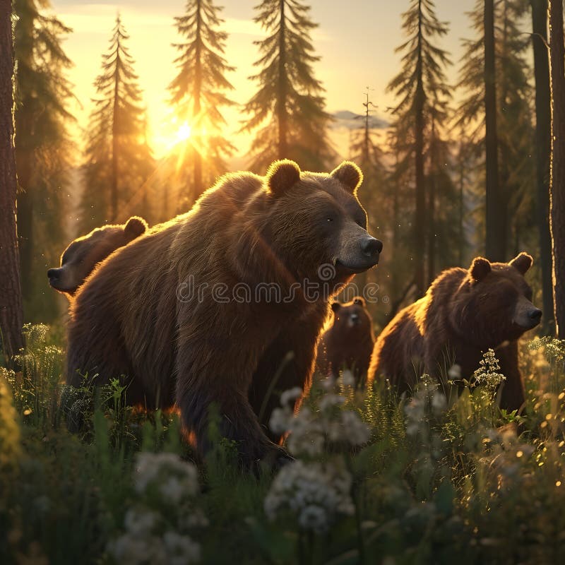 Group of Brown Bear Walking Towards the Camera in the Forest with ...