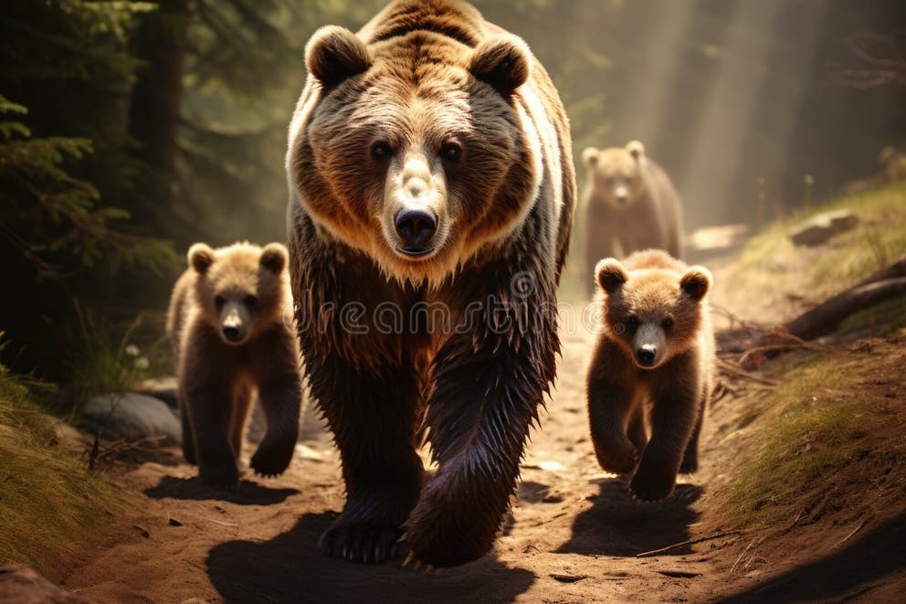 A Group of Brown Bears Walking Down a Dirt Path, Surrounded by Trees ...